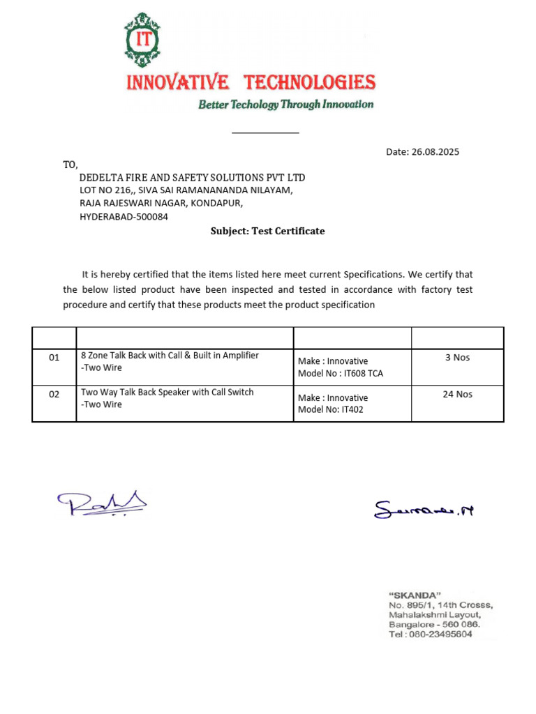 Test Certificate for Fire Safety Equipment | PDF