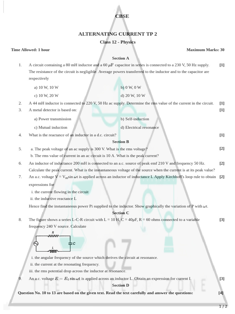 Class 12 Physics AC Circuit Exam TP 2 | PDF | Inductance | Inductor