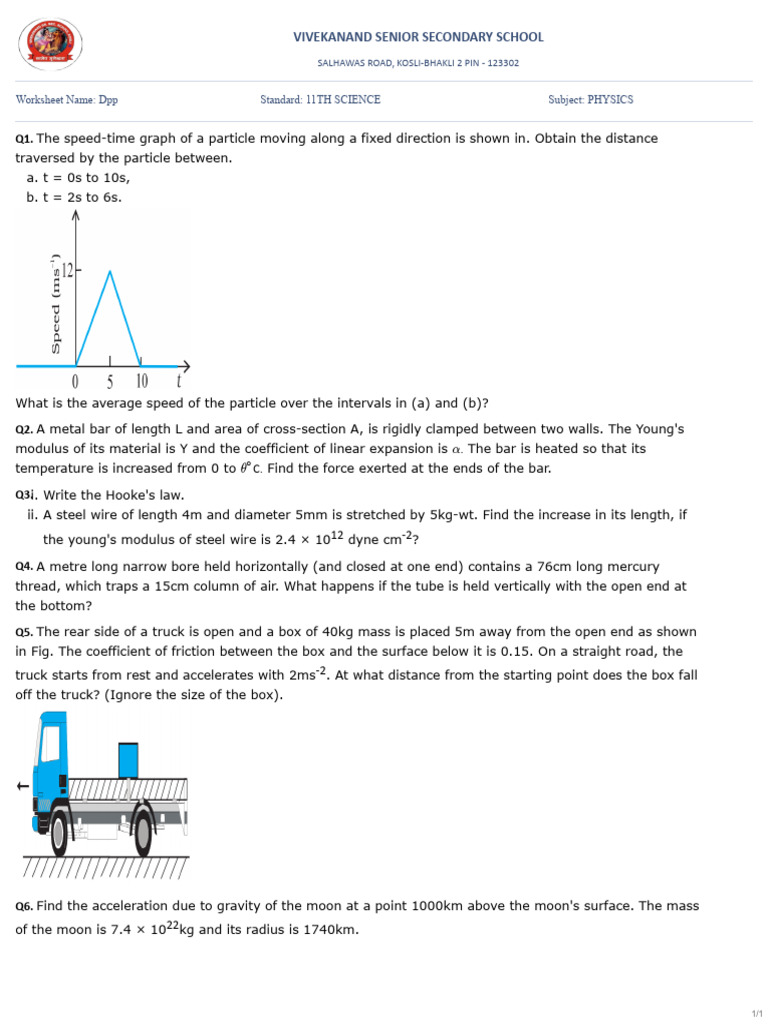 11th Grade Physics Worksheet on Motion | PDF