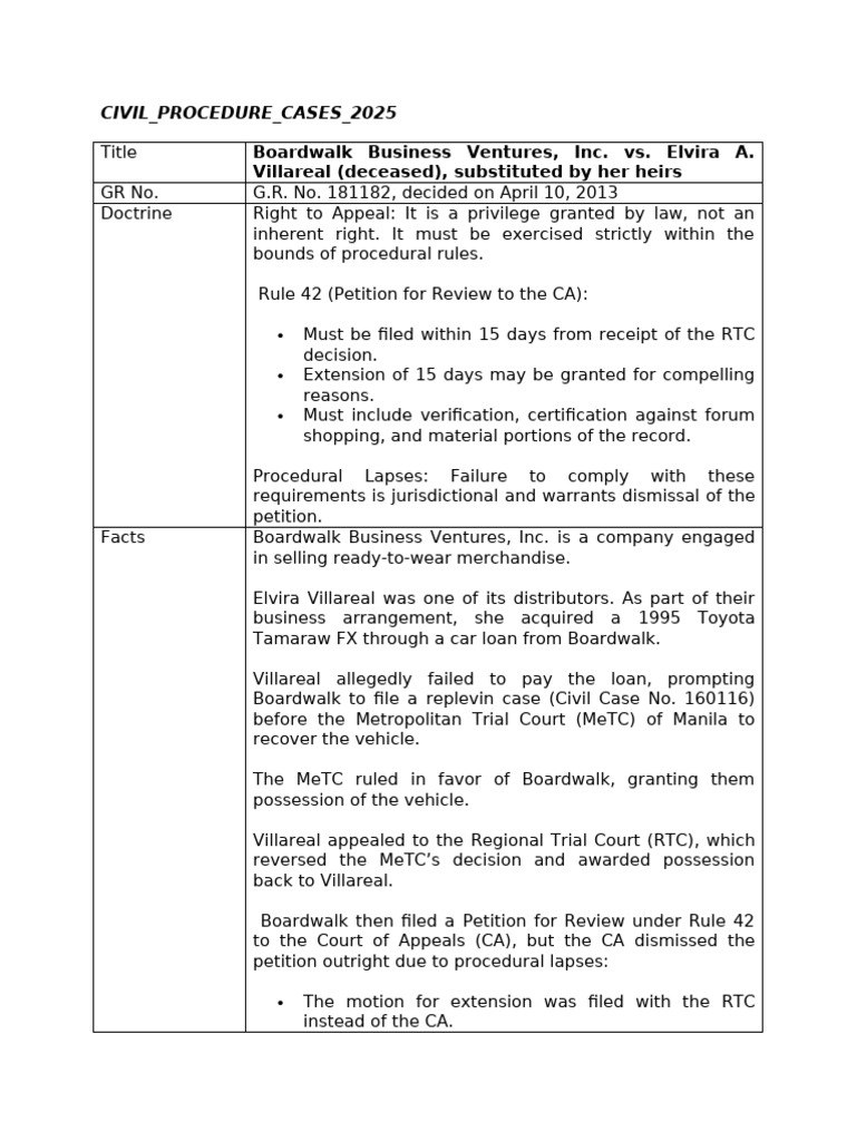 Civil Procedure Cases Overview 2025 | PDF | Appeal | Certiorari