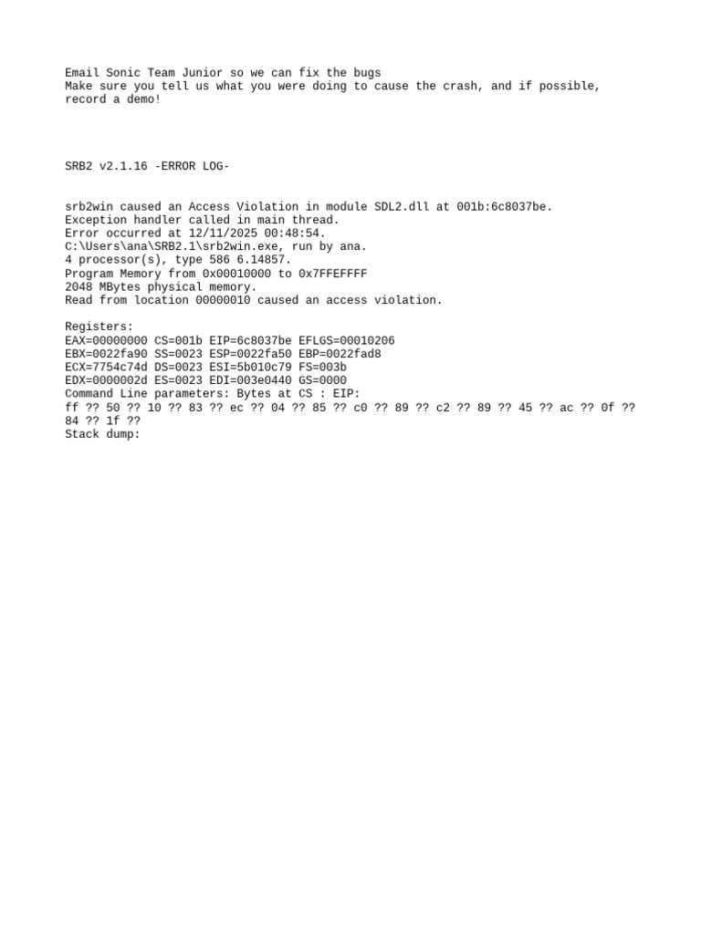 SRB2 v2.1.16 Access Violation Error | PDF