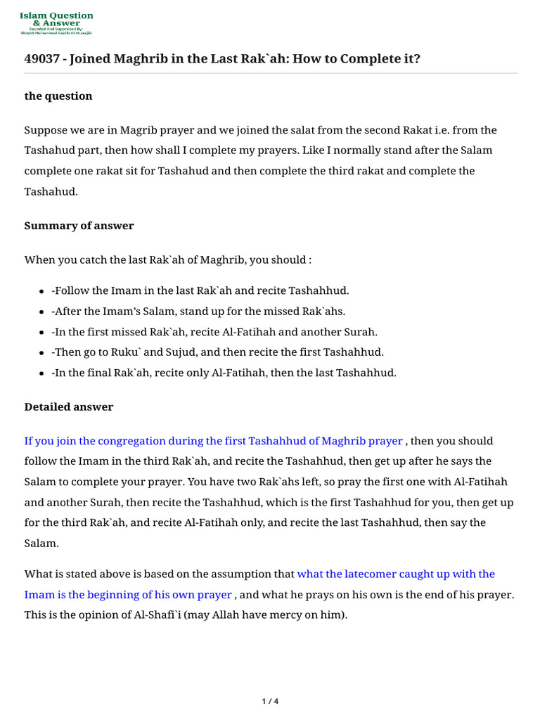 Joined Maghrib in the Last Rak`Ah How to Complete It | PDF | Islamic ...