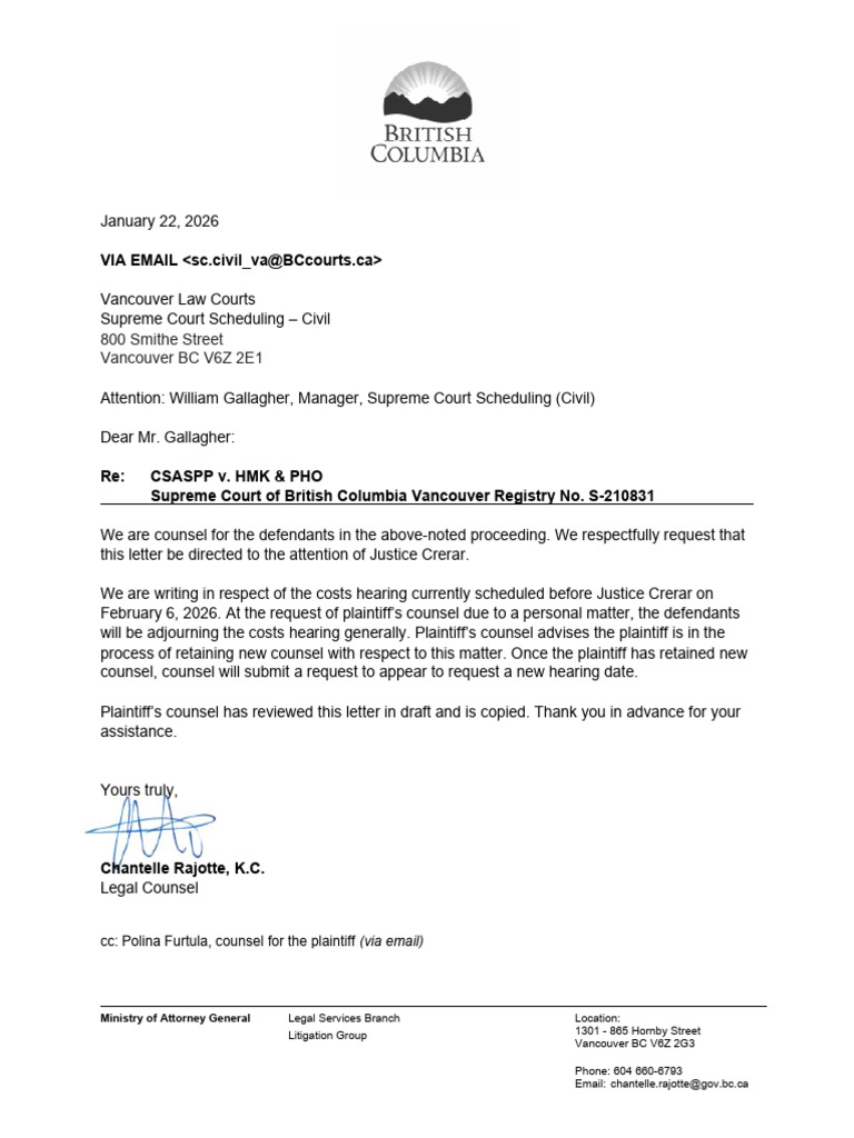 2026-01-22 - Crown Seeks to Generally Adjourn Costs Hearing by Consent ...