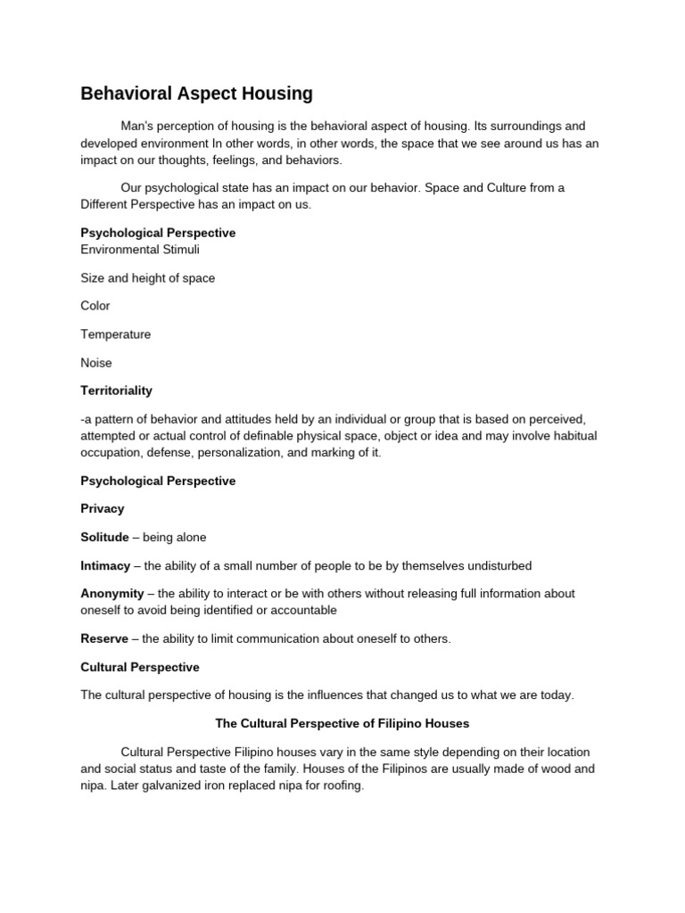 Behavioral and Cultural Aspects of Housing | PDF | Behavior | Bed