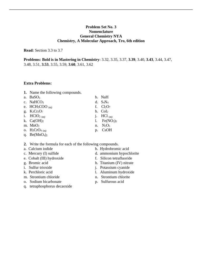 General Chemistry Problem Set 3 | PDF | Acid | Hydroxide