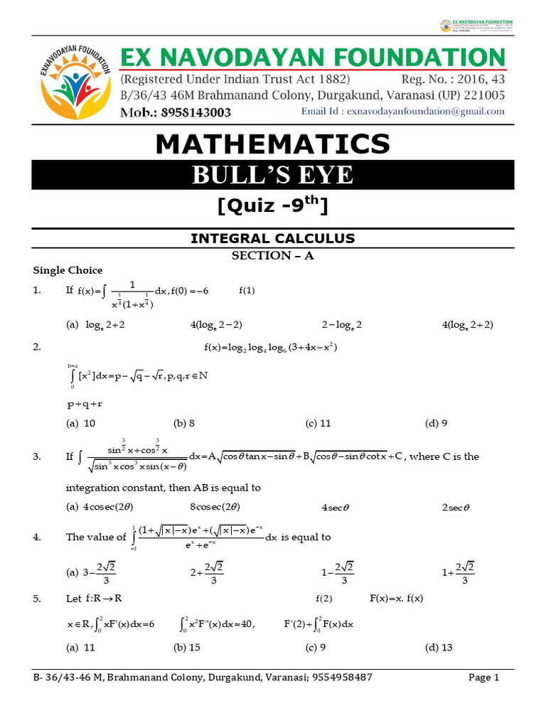 9th Grade Integral Calculus Quiz | PDF | Function (Mathematics ...