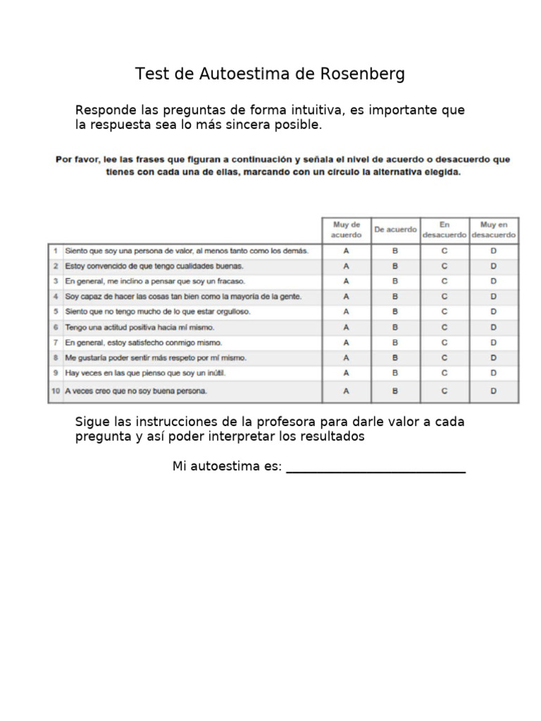 Test de Autoestima de Rosenberg | PDF