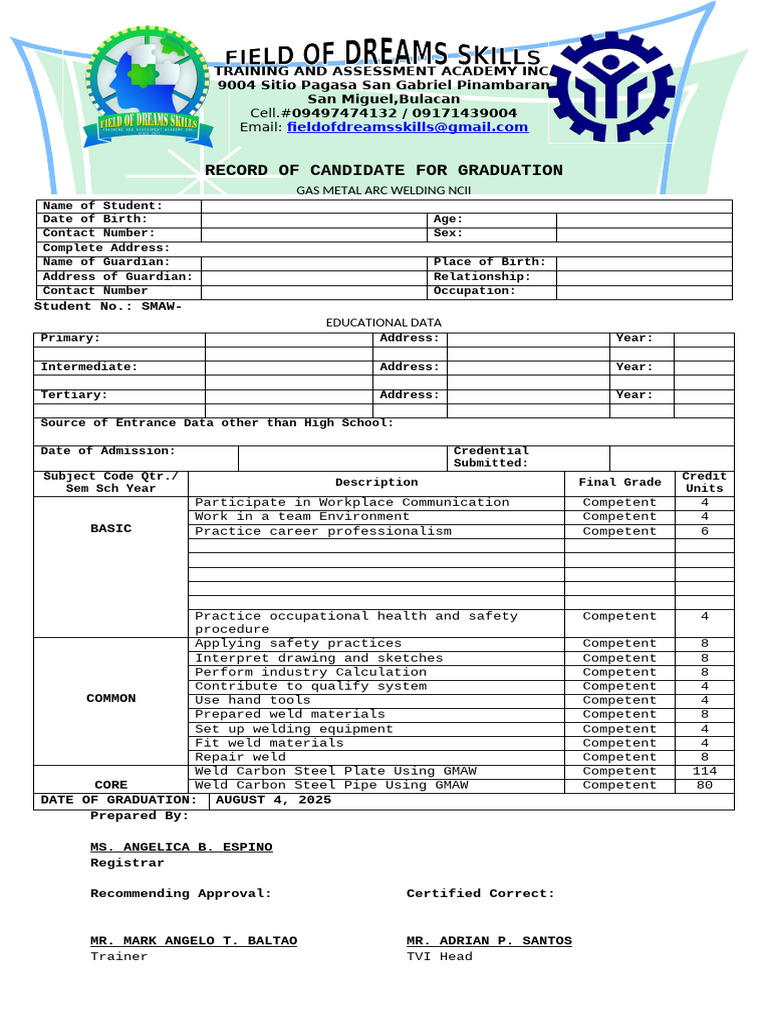 Graduation Record for GMAW NCII Program | PDF | Welding | Construction