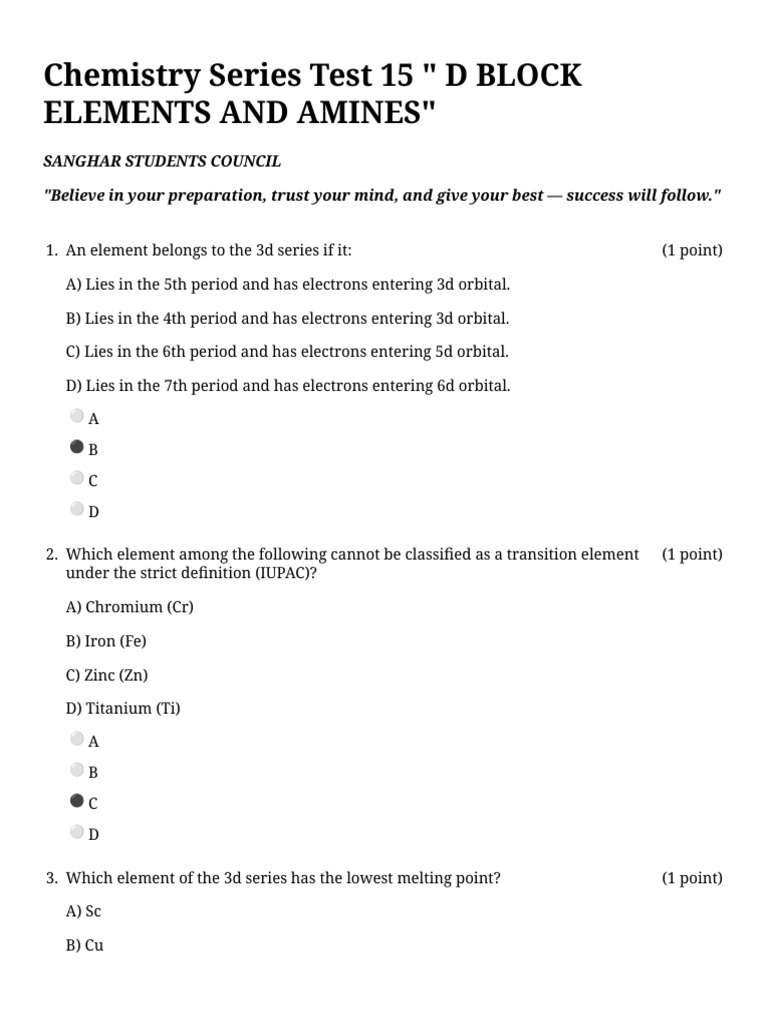 Chemistry Series Test 15 _ d Block Elements and Amines | PDF ...