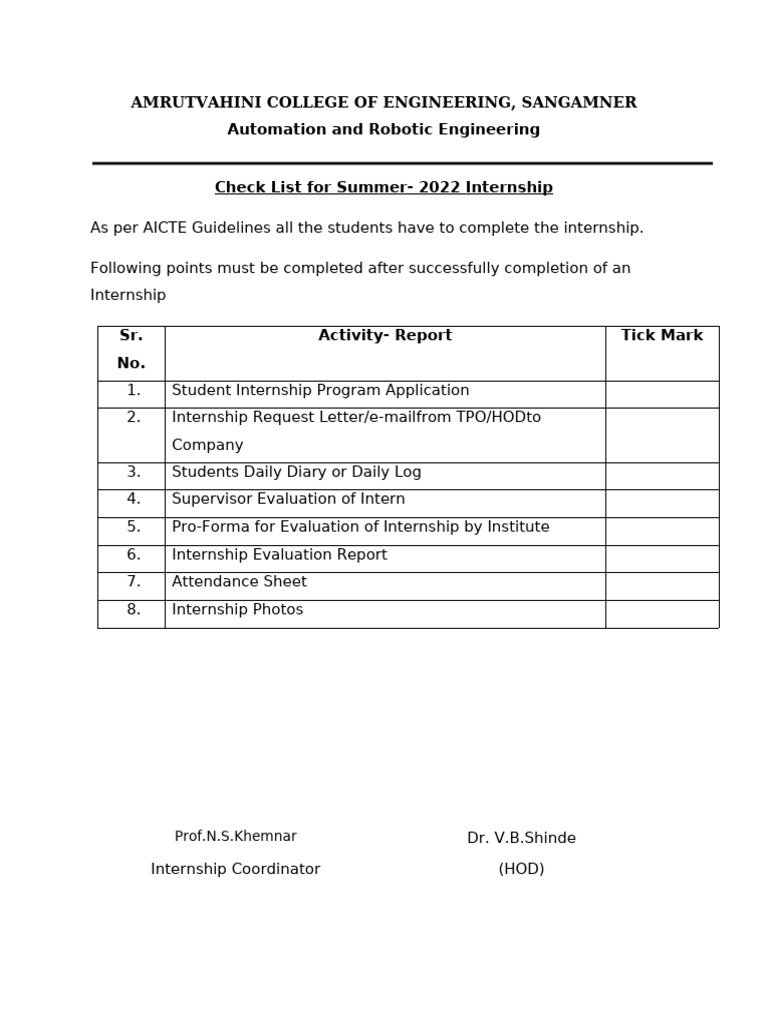 AMRUTVAHINI Engineering Internship Checklist | PDF