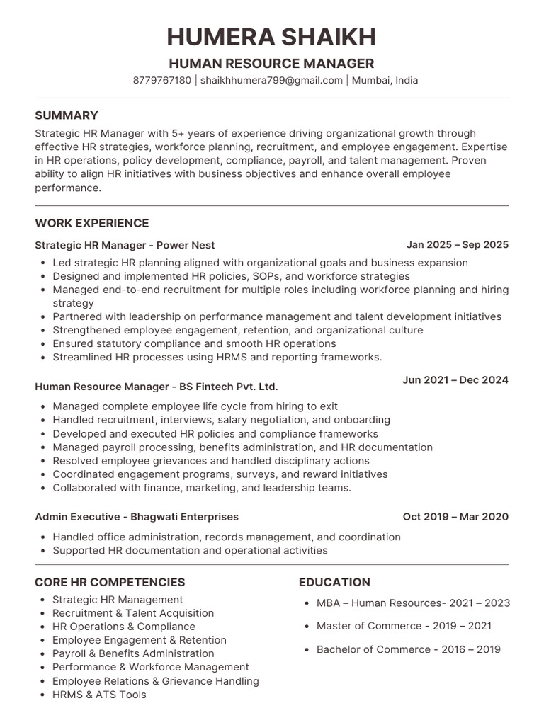 Humera Shaikh CV-2026 | PDF | Human Resources | Human Resource Management