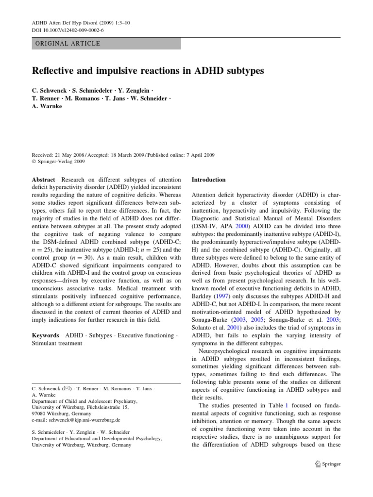 Reflective and Impulsive Reactions in ADHD Subtypes: Ó Springer-Verlag ...