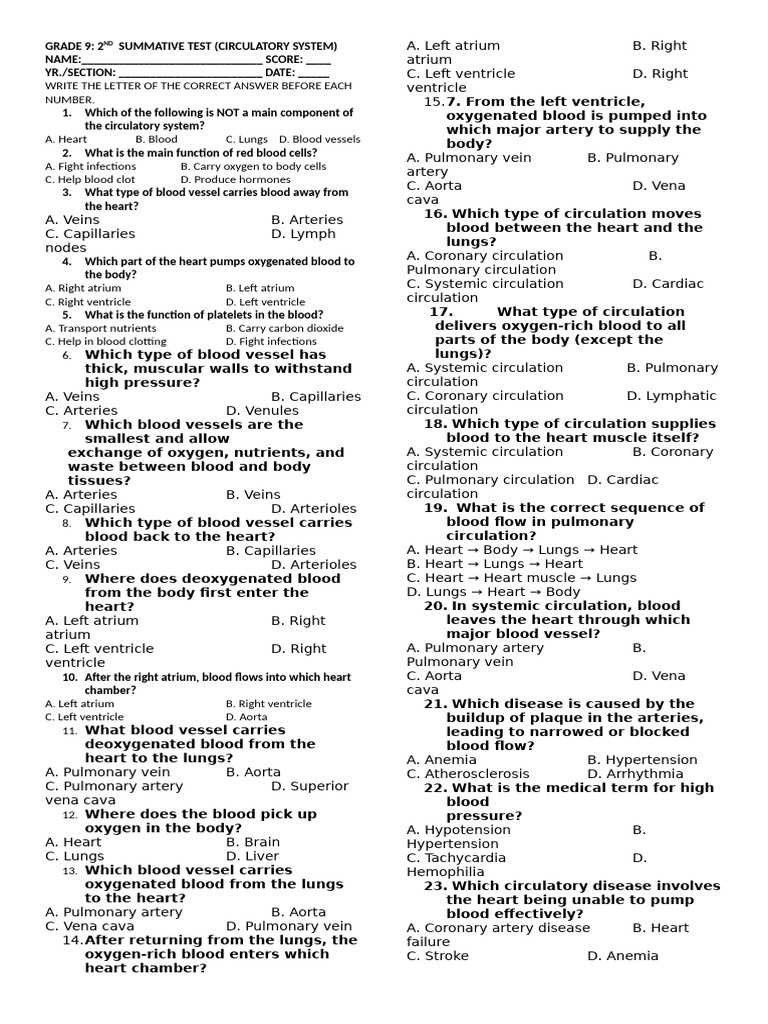 Grade 9 Circulatory System Test | PDF | Circulatory System | Heart
