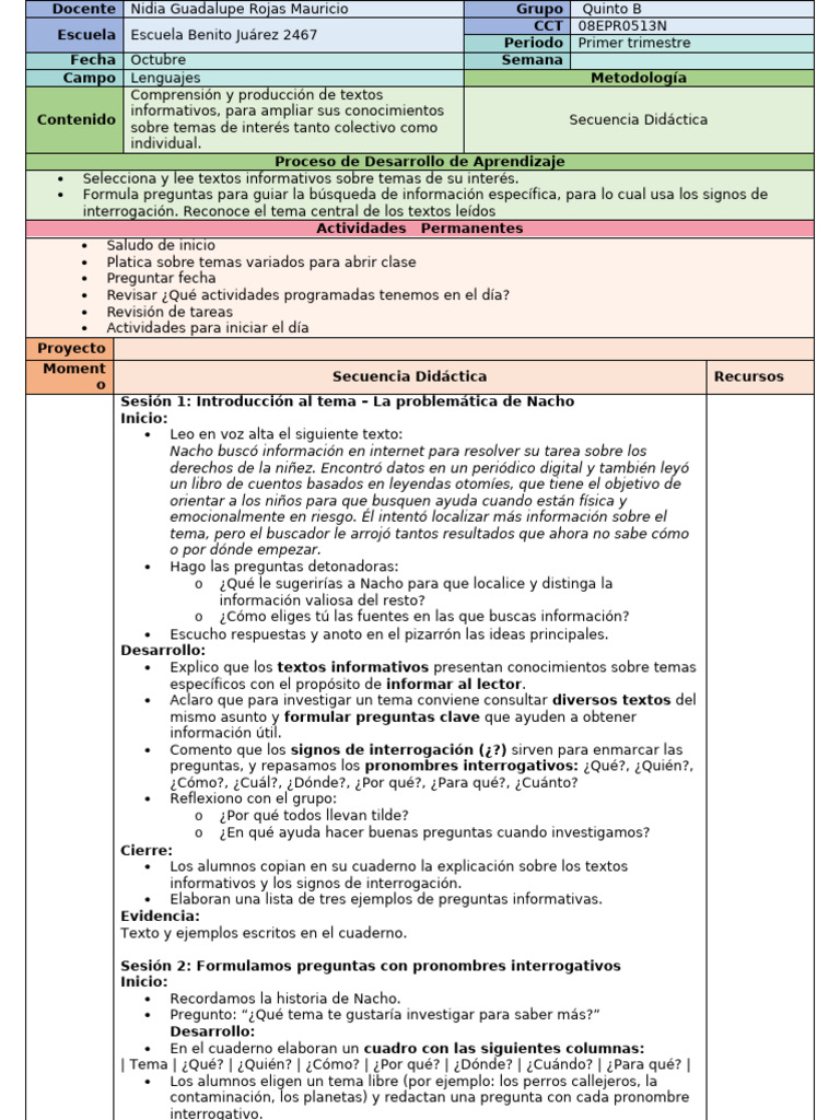 Planeacion Leng. Nov. 10 | PDF | Aprendizaje