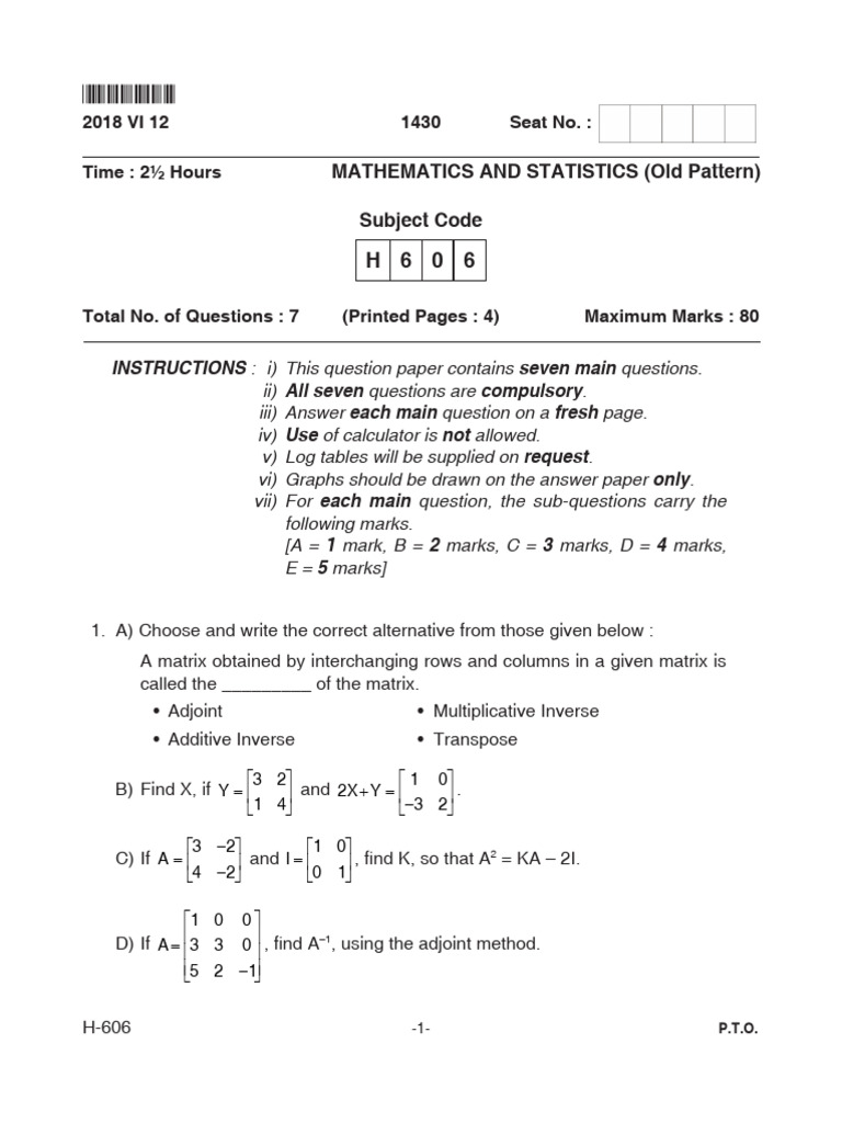 557326-2018-08-13-question-paper-june-2018-606-old-pattern | PDF | Matrix (Mathematics ...