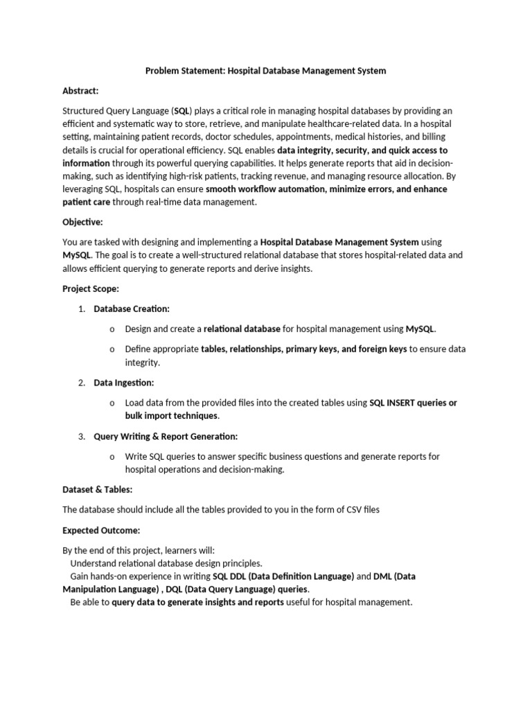 Problem Statement - Hospital DB Mgmt | PDF