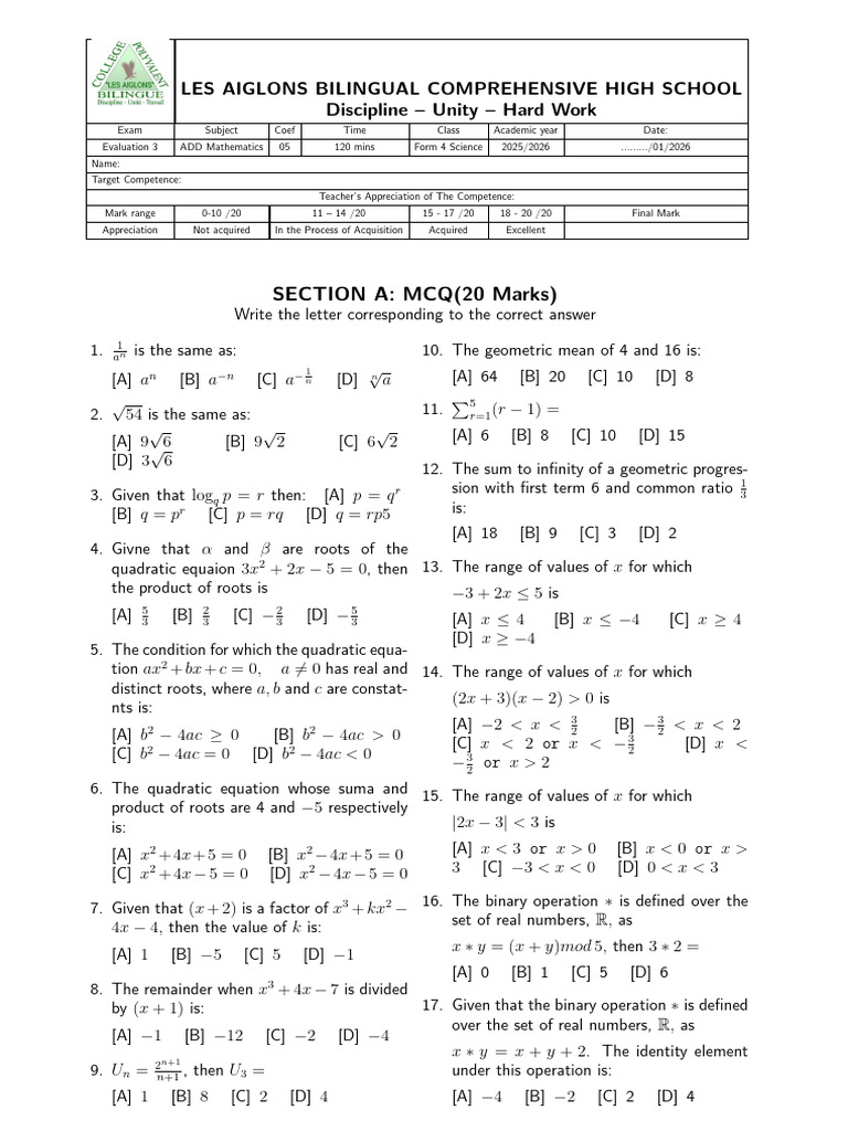 2025 F4 A.MATHS S3 | PDF | Quadratic Equation | Equations