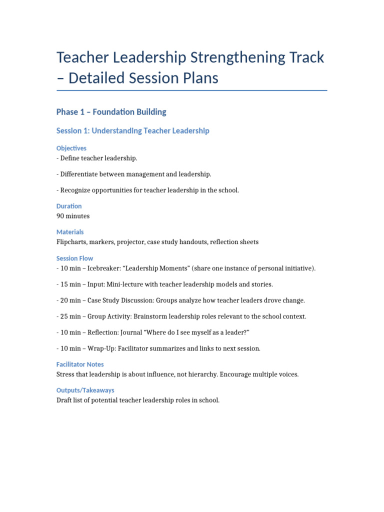 Teacher Leadership Session Plans | PDF | Leadership | Teachers