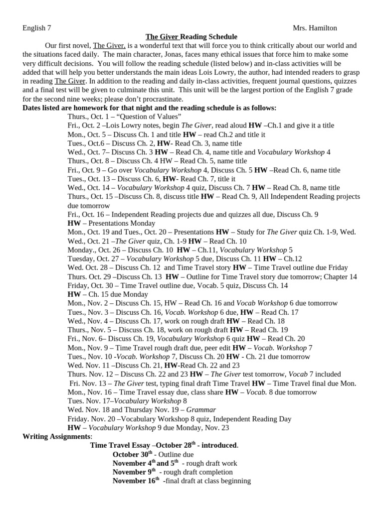 The Giver Reading Schedule for English 7 | PDF | The Giver