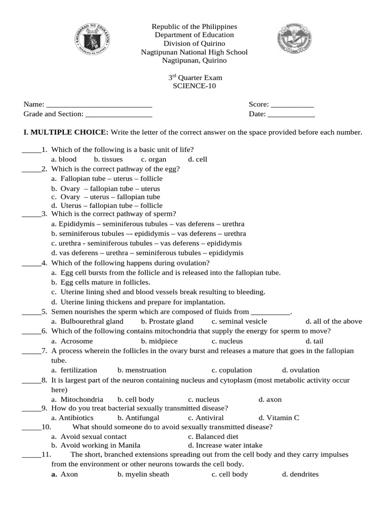 Science 10 3rd Quarter Exam Guide | PDF | Menstrual Cycle | Anatomy