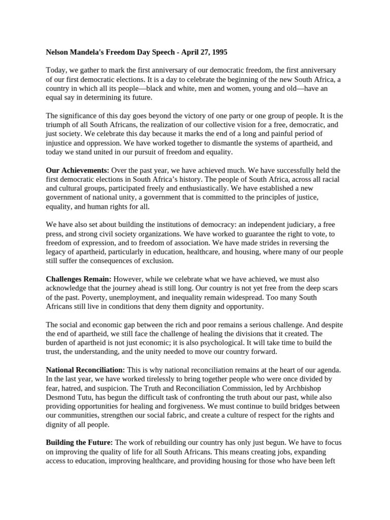 Mandela's 1995 Freedom Day Speech | PDF | Apartheid | Economic Inequality