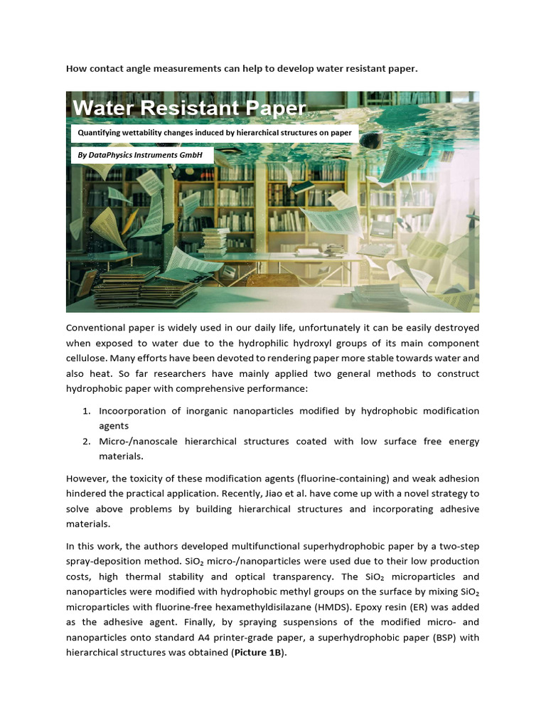 ApplicationExample Water Resistant Paper | PDF | Hydrophobe | Chemistry