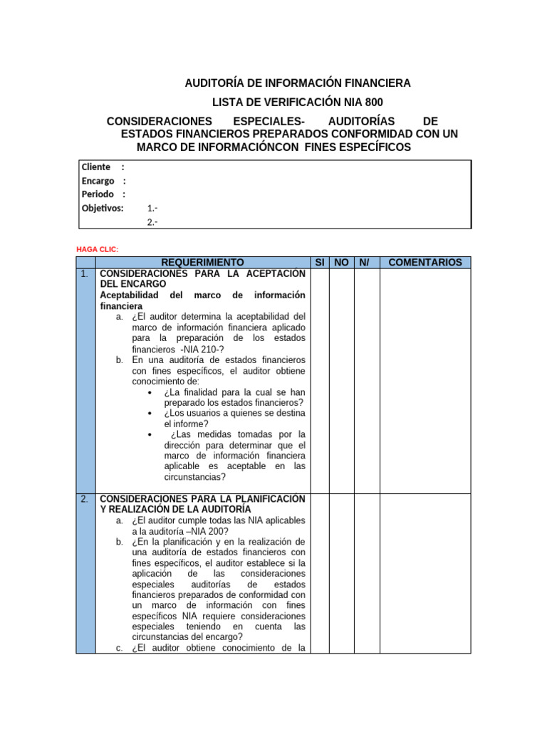 Auditoría Financiera: Checklist NIA 800 | PDF | Estado financiero ...
