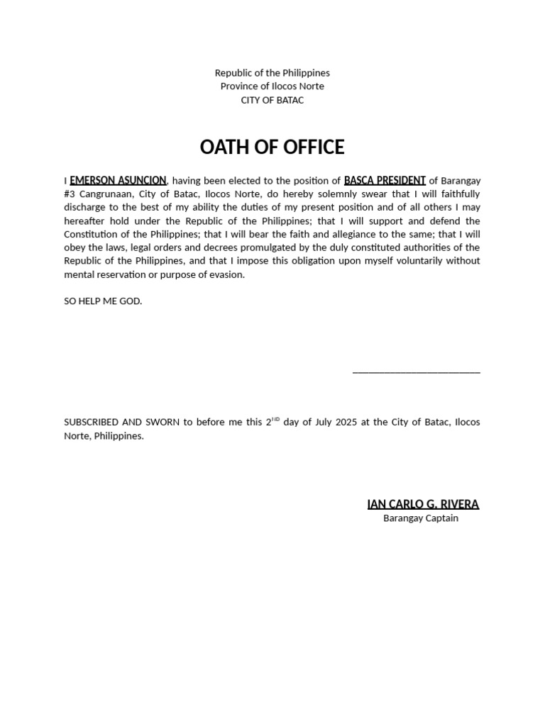 Oath of Office for BASCA Officials | PDF | Oath Of Office | Oral ...