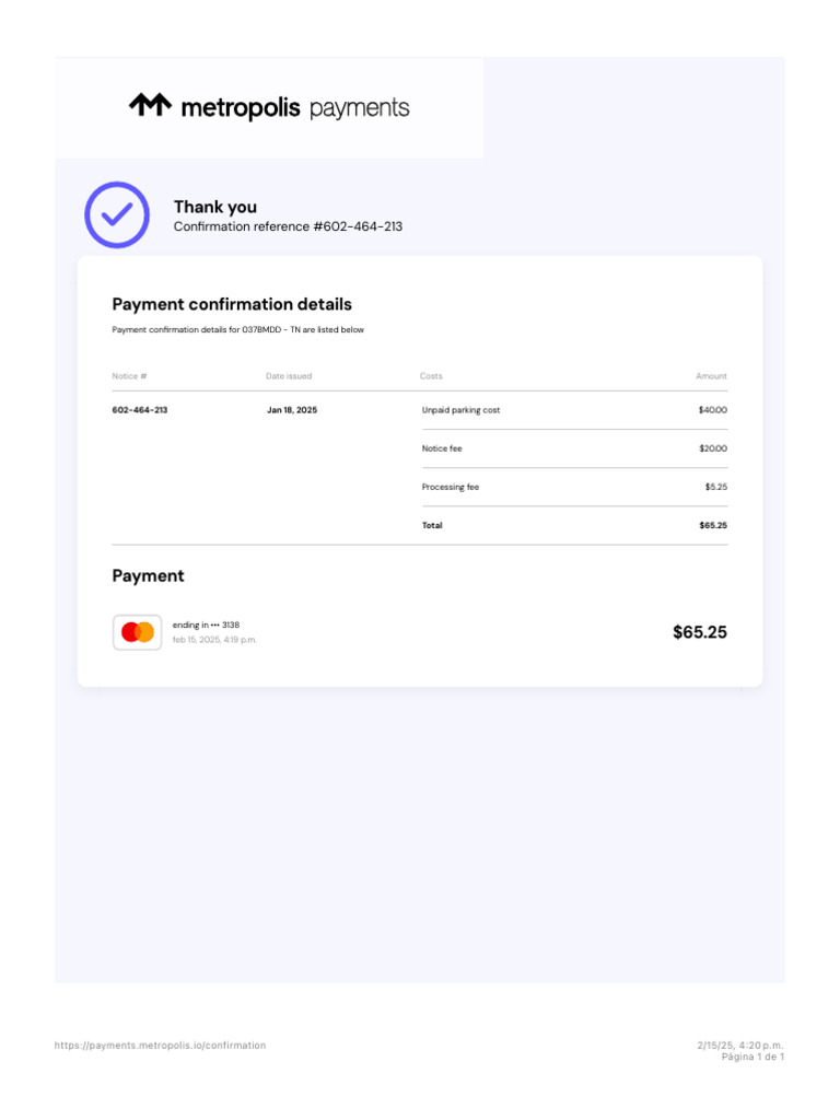 Parking Payment Confirmation Details | PDF