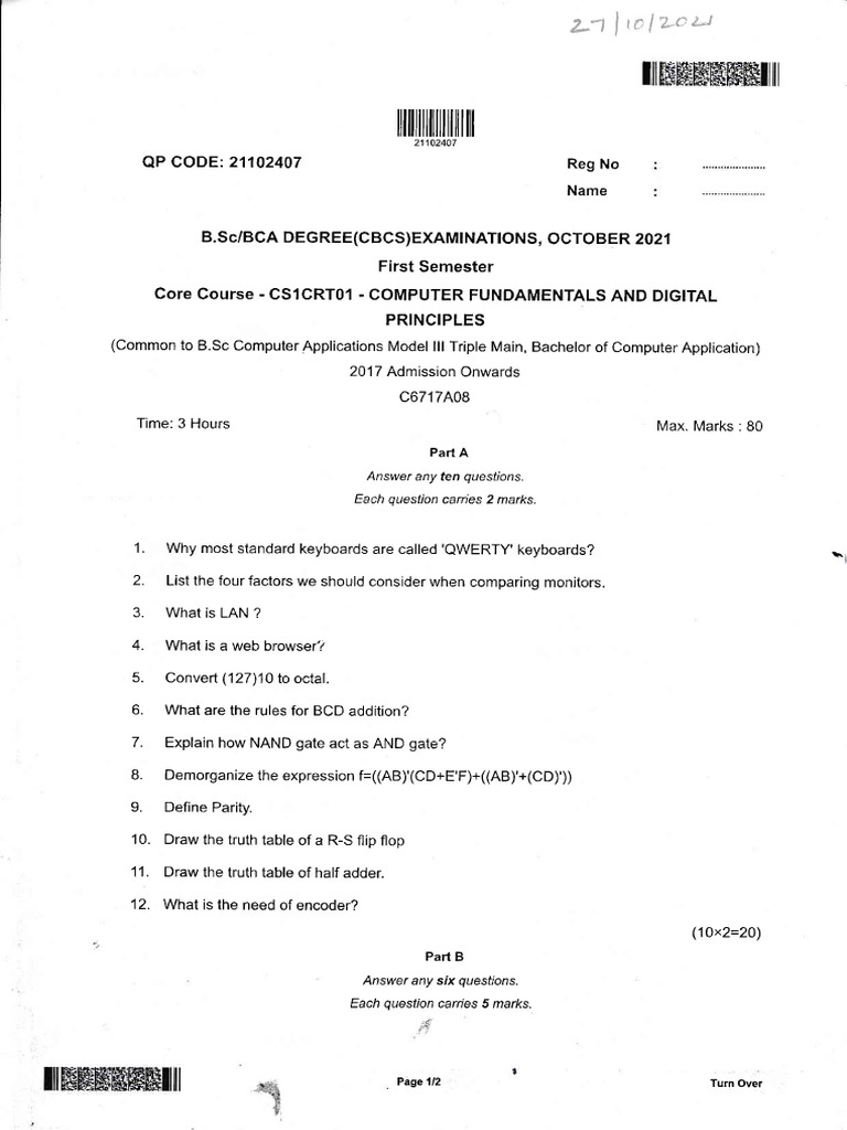 Computer Fundamentals Exam Questions | PDF | Logic Gate | Computer ...