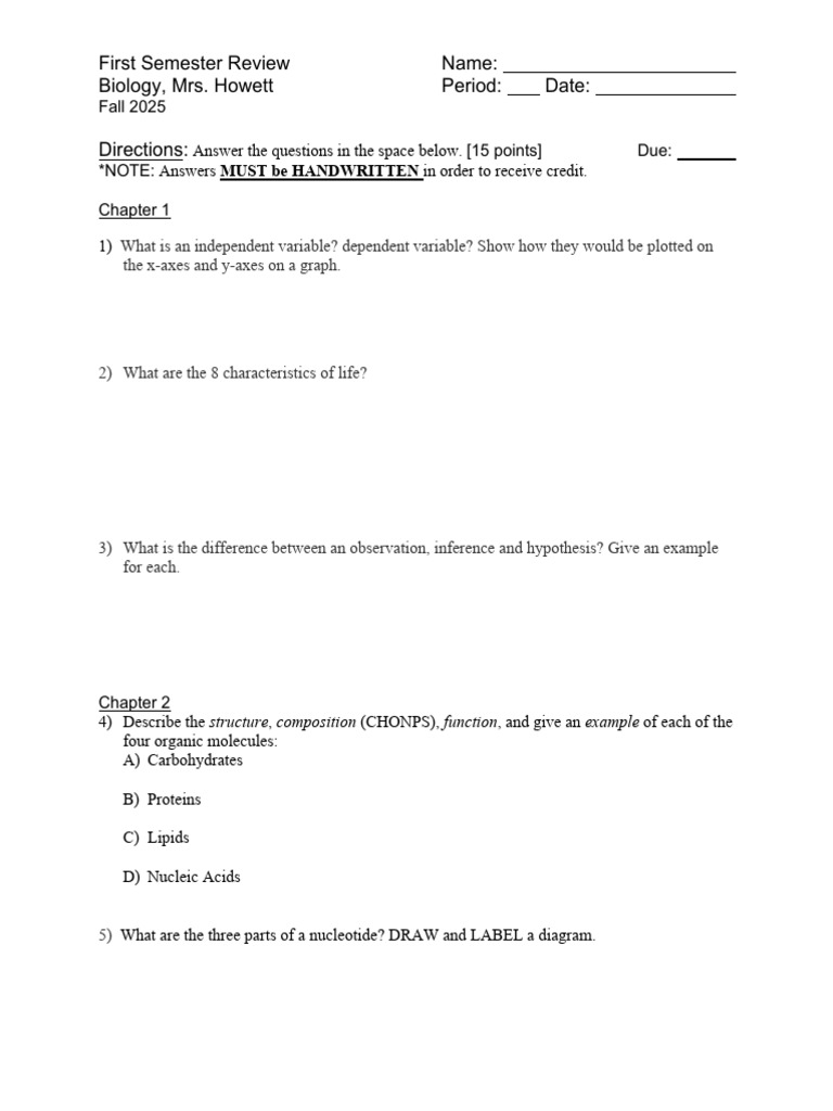 BIO 1st Semester Review F25 | PDF | Cell (Biology) | Organelle