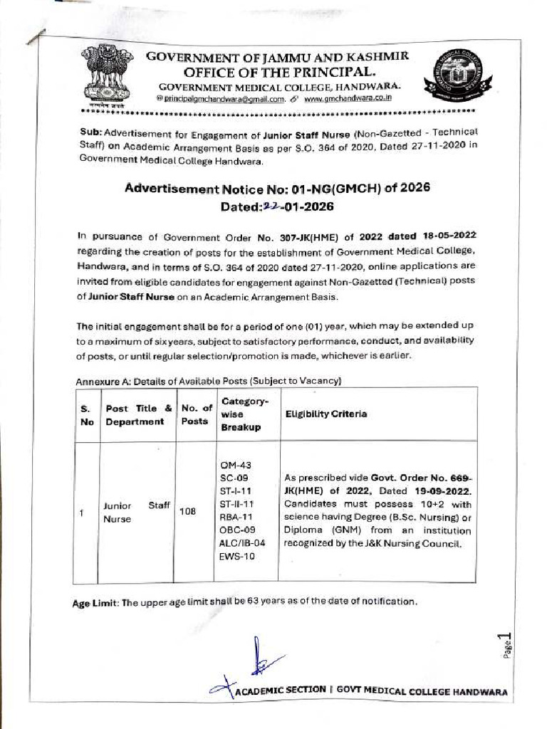 Junior Staff Nurse Recruitment at GMC Handwara | PDF | Government