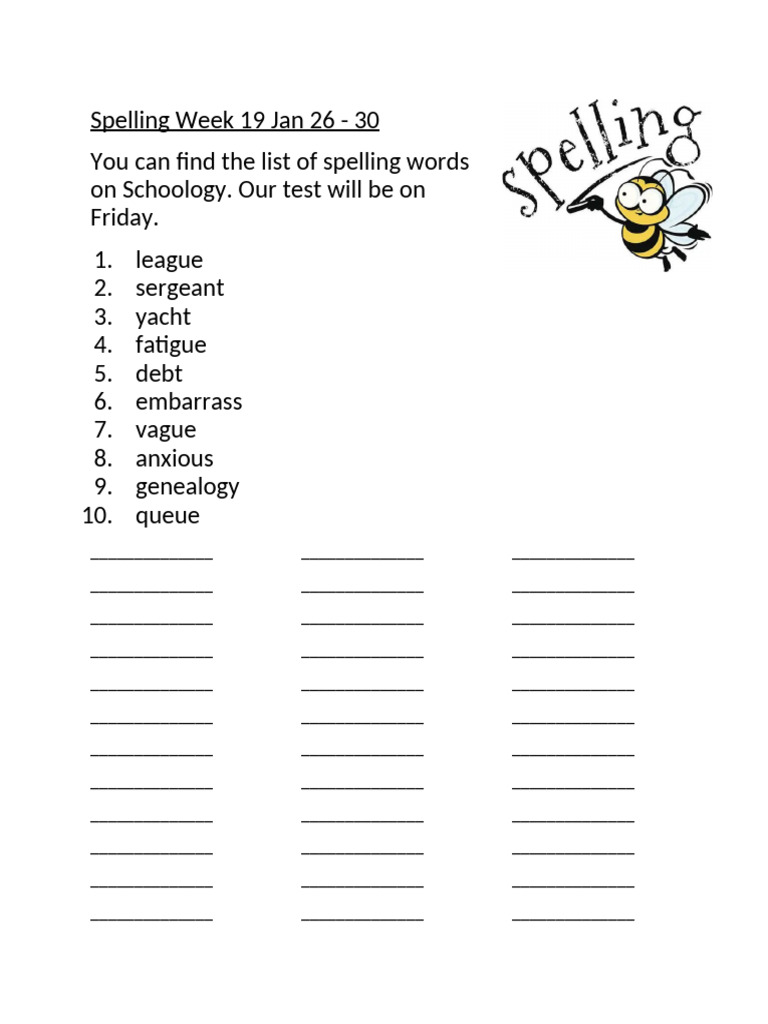 Spelling Words for Week 19 | PDF