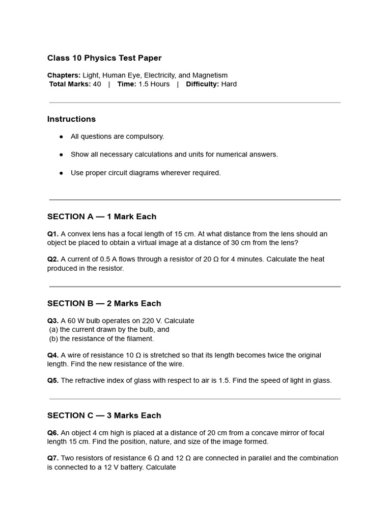 Class 10 Physics Test Paper: Light & Electricity | PDF