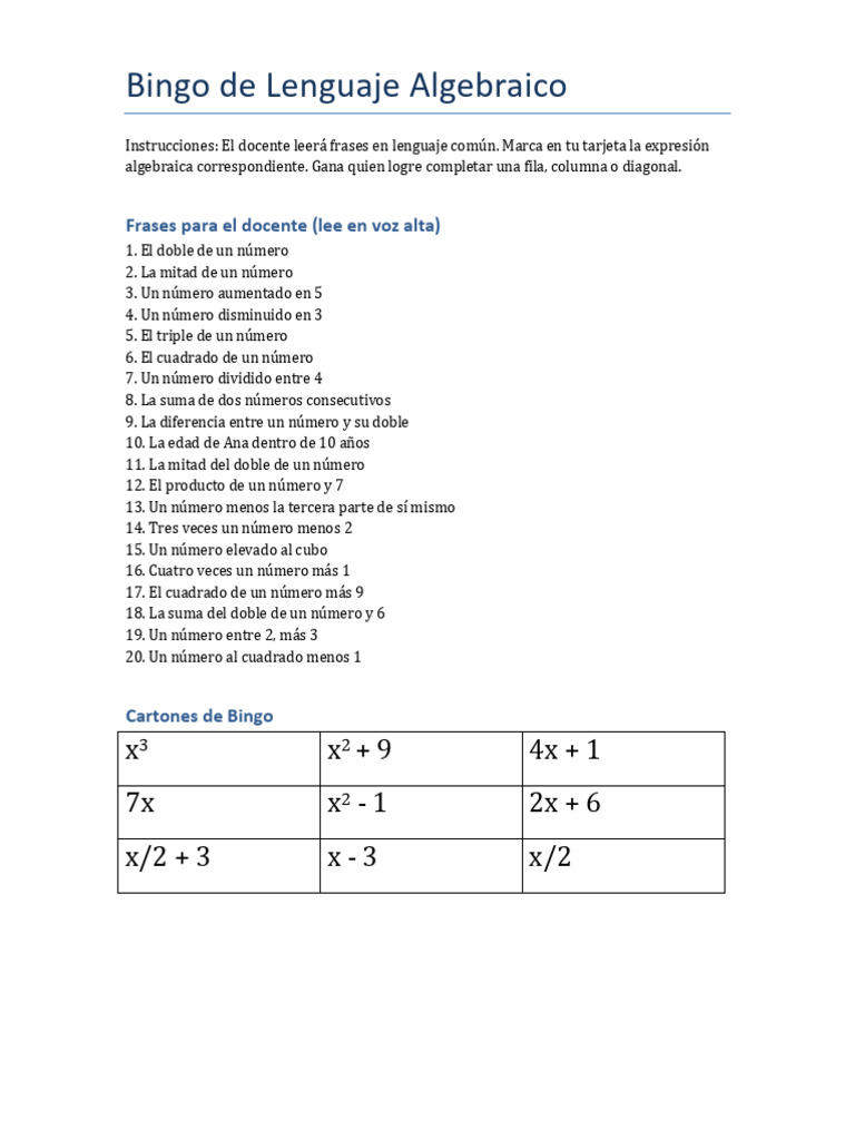Bingo Lenguaje Algebraico | PDF