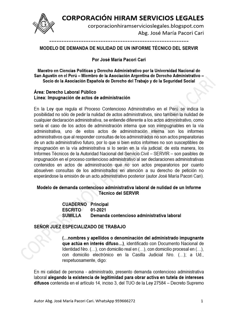 MODELO DEMANDA DE NULIDAD DE UN INFORME TÉCNICO DEL SERVIR - AUTOR JOSÉ ...