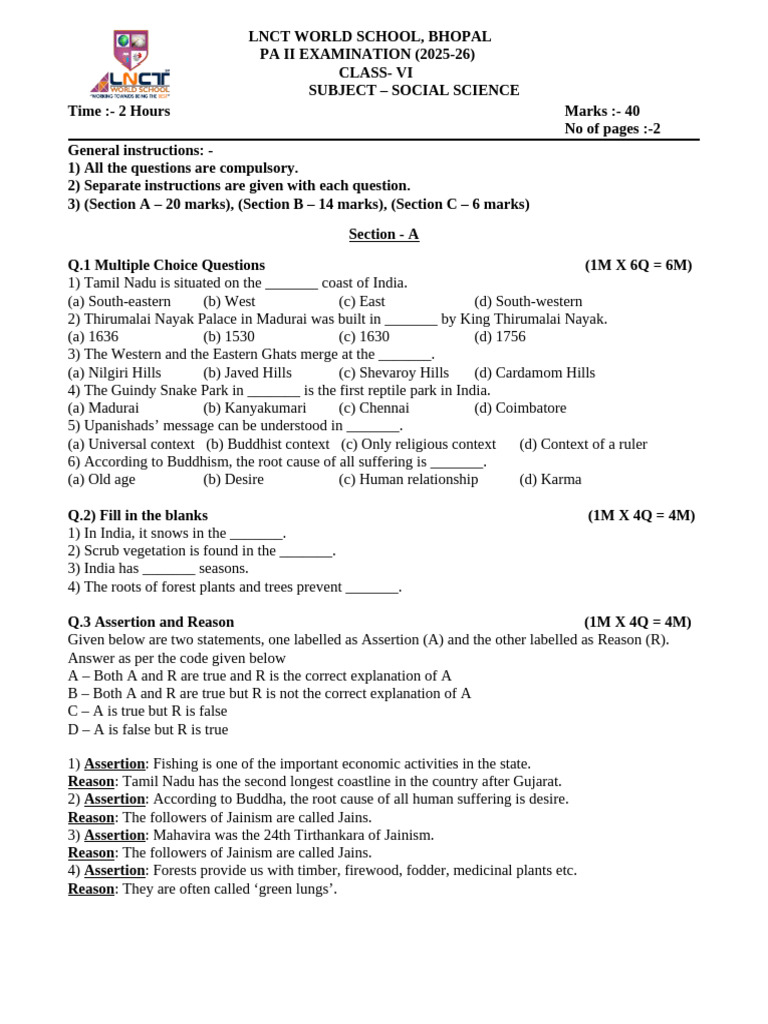 Lnct Class Vi Sst Pa II Set a-5 | PDF | Tamil Nadu | Indian Religions