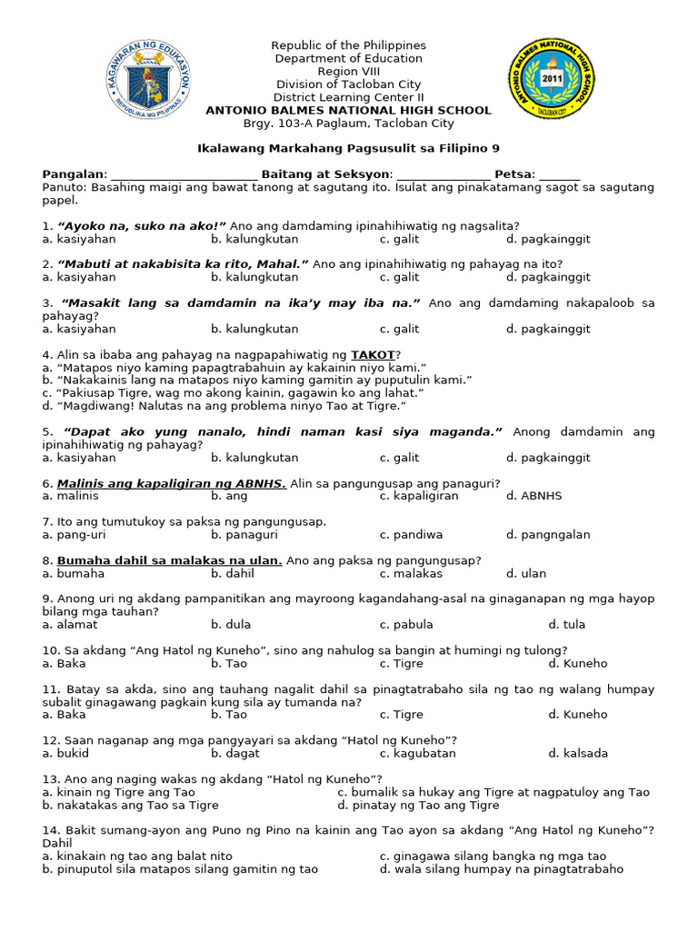2nd Grading Filipino 9 | PDF