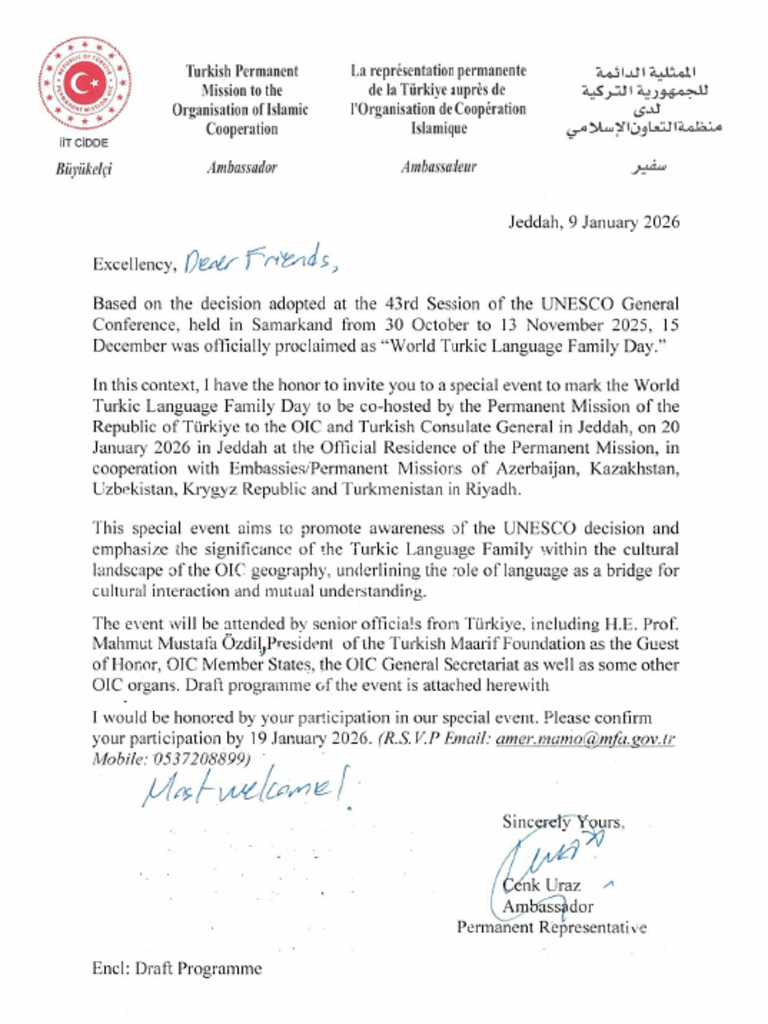 The Event of World Turkic Language Family Day - Invitation Letter and ...