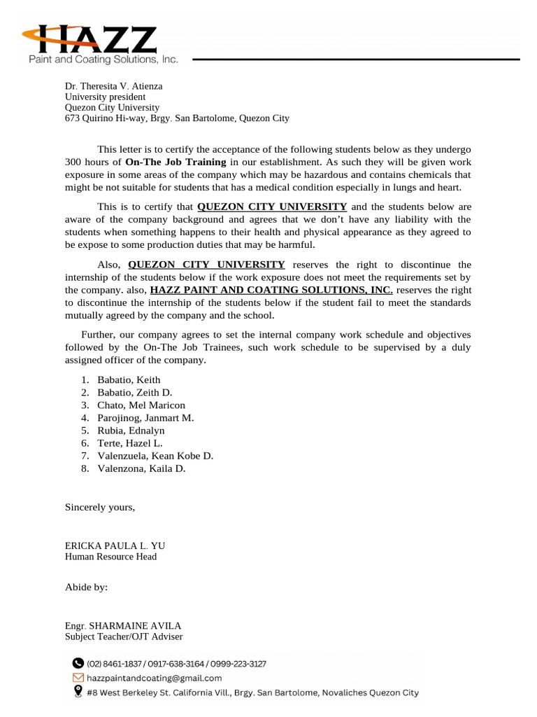 Ojt Acceptance Letter | PDF