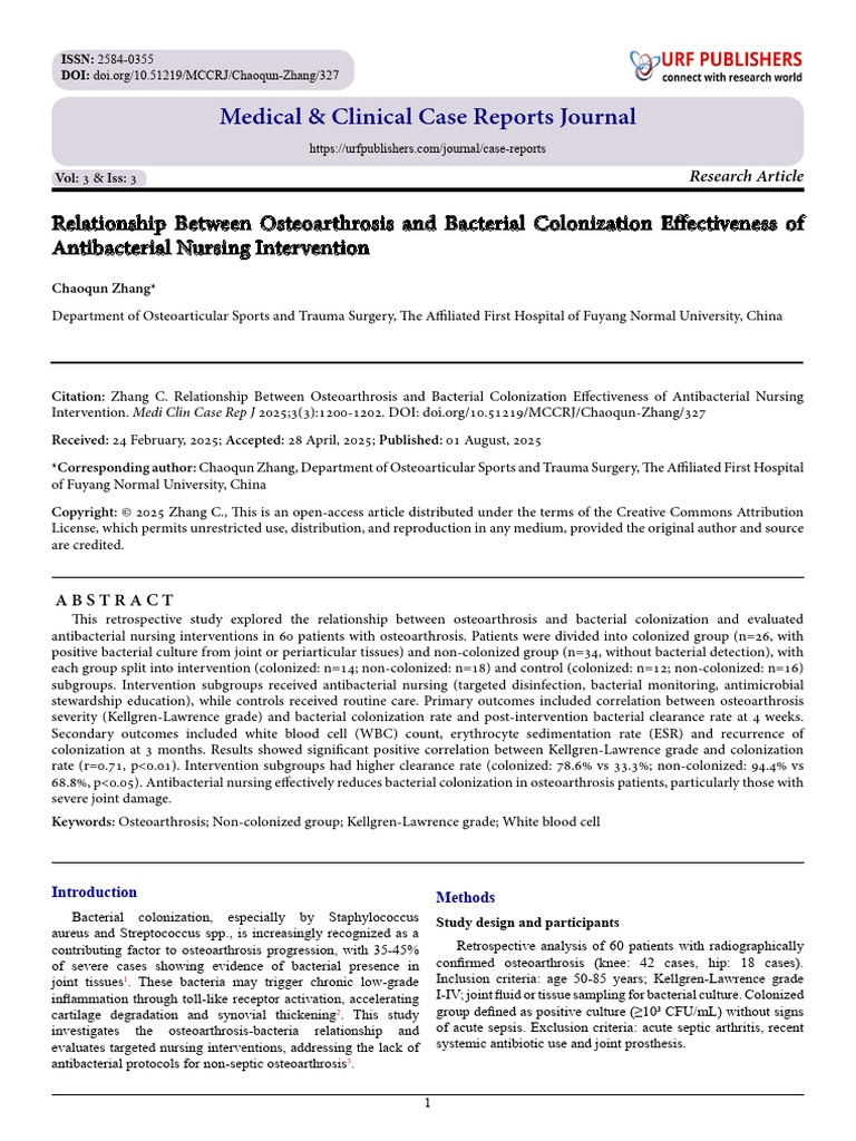 Relationship Between Osteoarthrosis and Bacterial Colonization ...