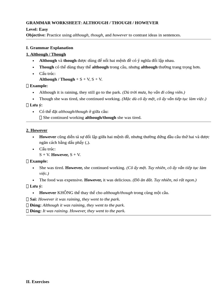 Grammar Worksheet: Although, Though, However | PDF | Chess Openings | Chess