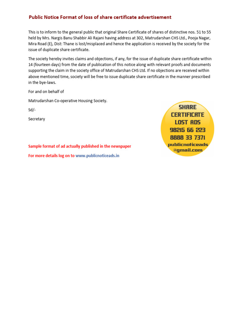 Lost Share Certificate Public Notice | PDF
