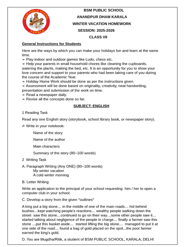Class VII Winter Vacation Homework Guide | PDF | Area | Length