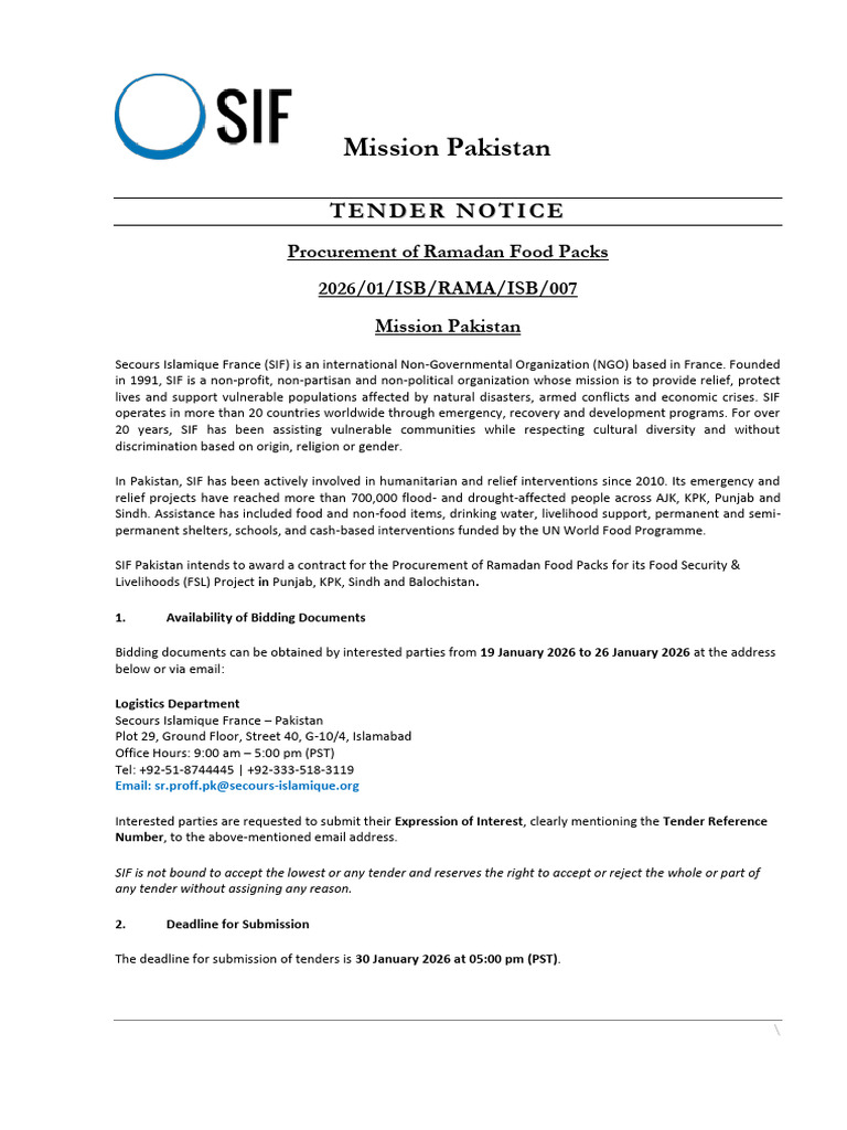 58016_job_SIF Tender Advertisement- Procurement of Ramadan Food Packs | PDF
