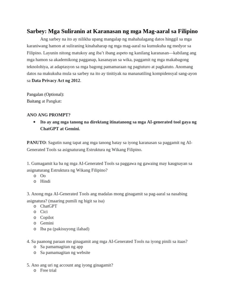 Survey Questionnaire | PDF