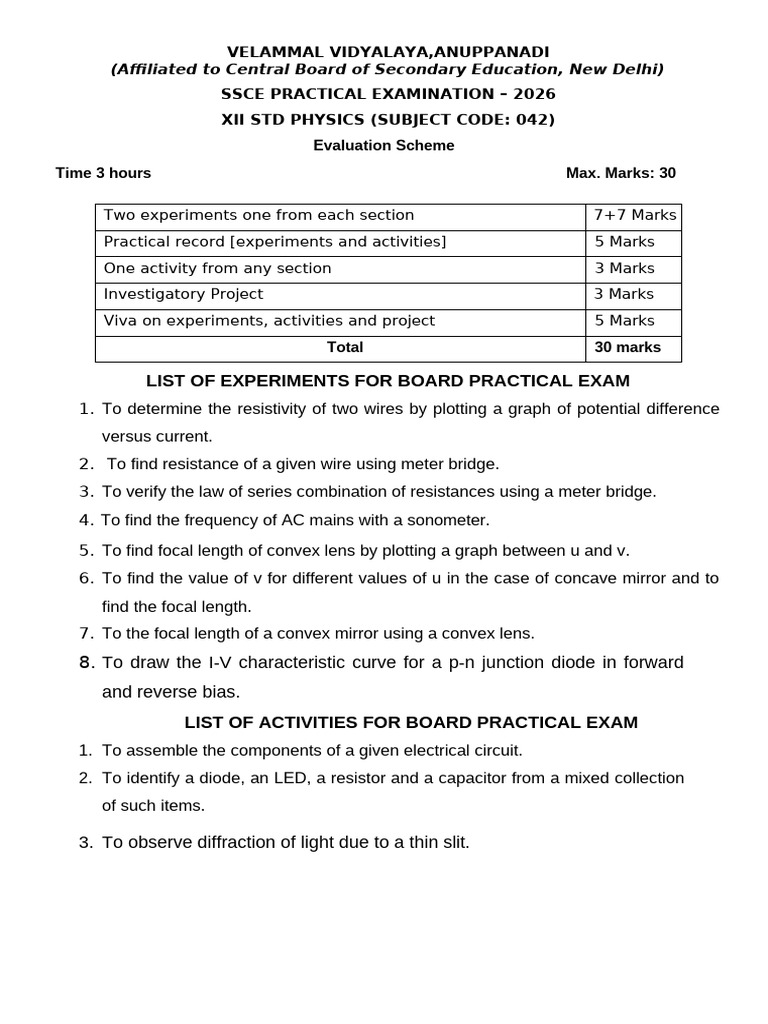 XII Std Physics Practical Exam 2026 | PDF | P–N Junction | Diode
