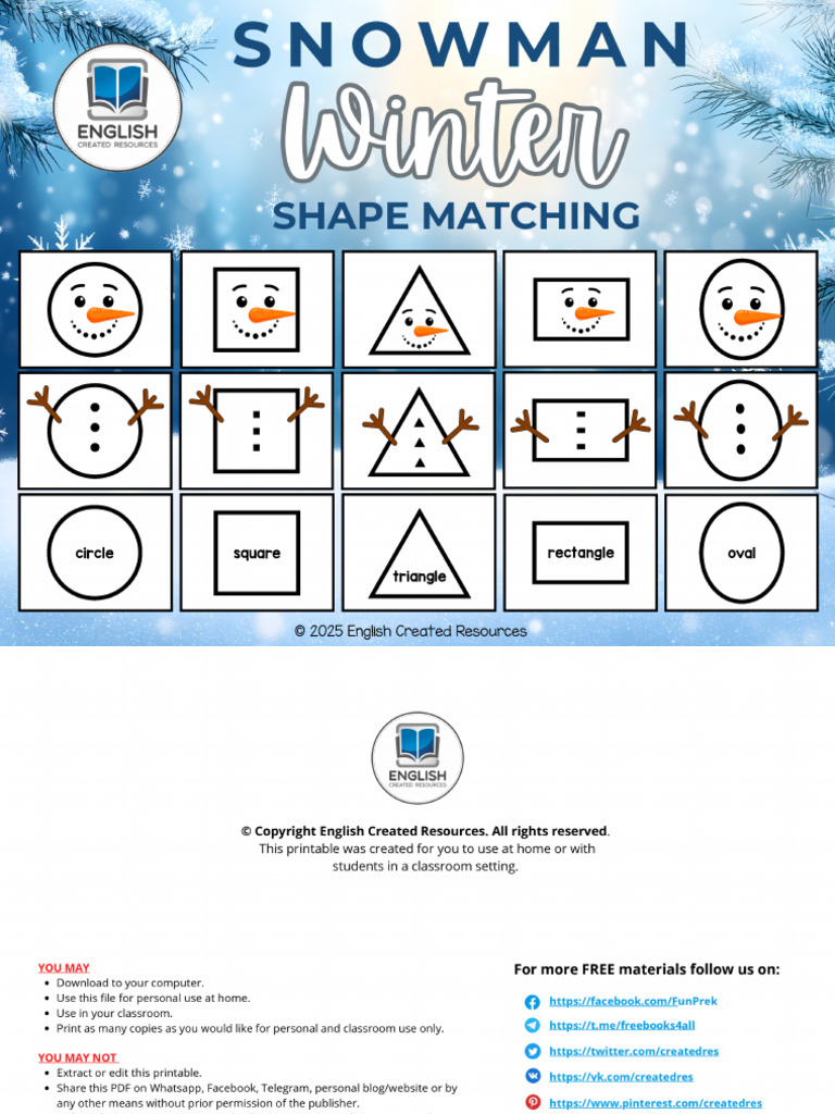 Snowman Winter Shape Matching Copyright 2025 English Created Resources ...