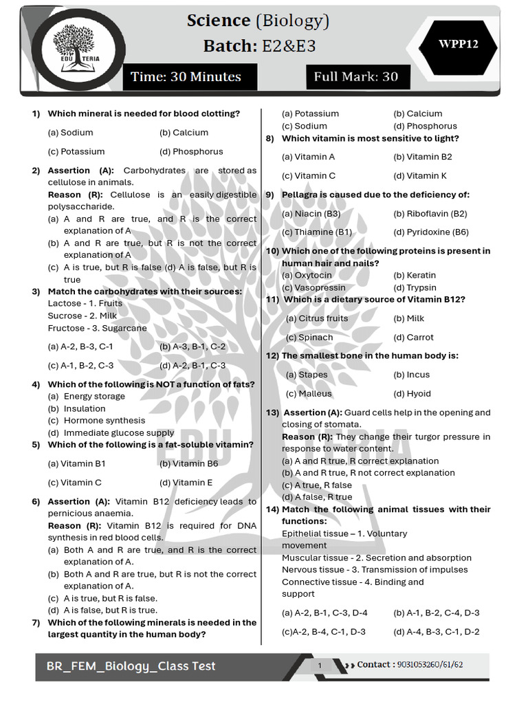 Test - 12 Biology Questions | PDF | Cell (Biology) | Tissue (Biology)