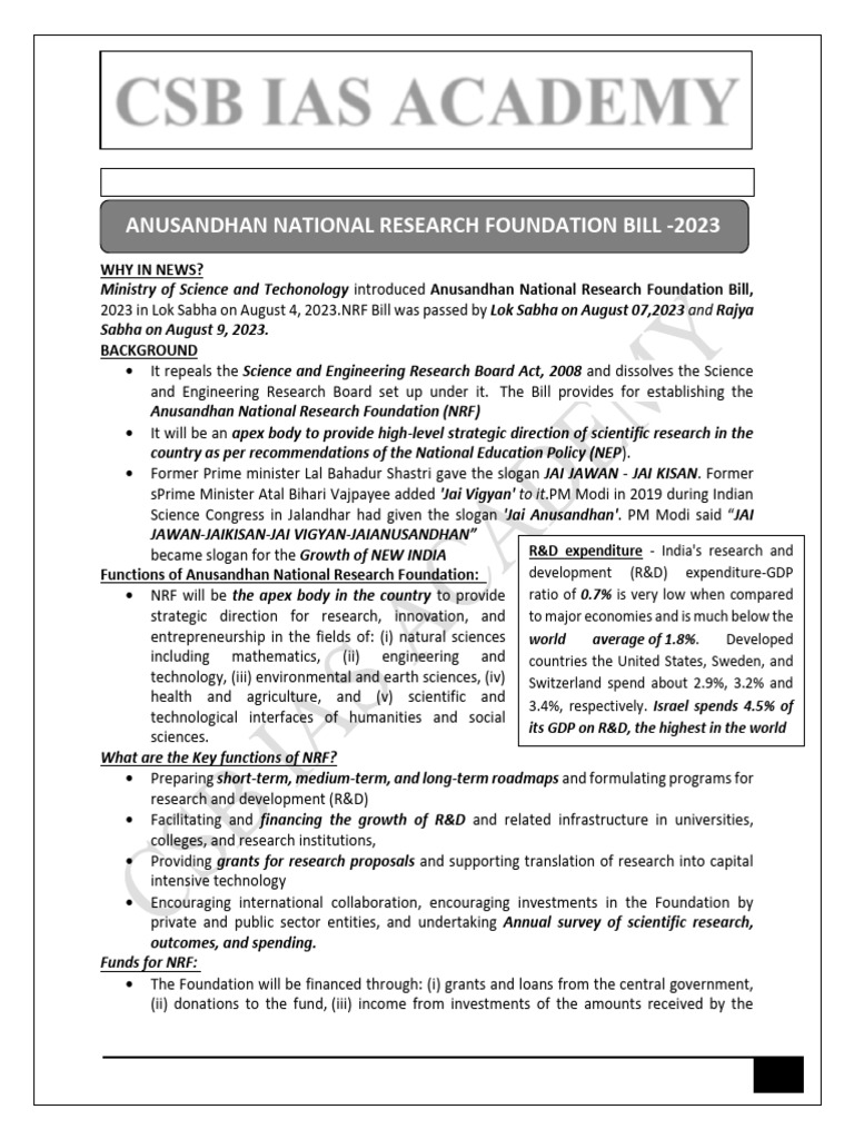 Anusandhan National Reasearch Bill | PDF | Research And Development ...